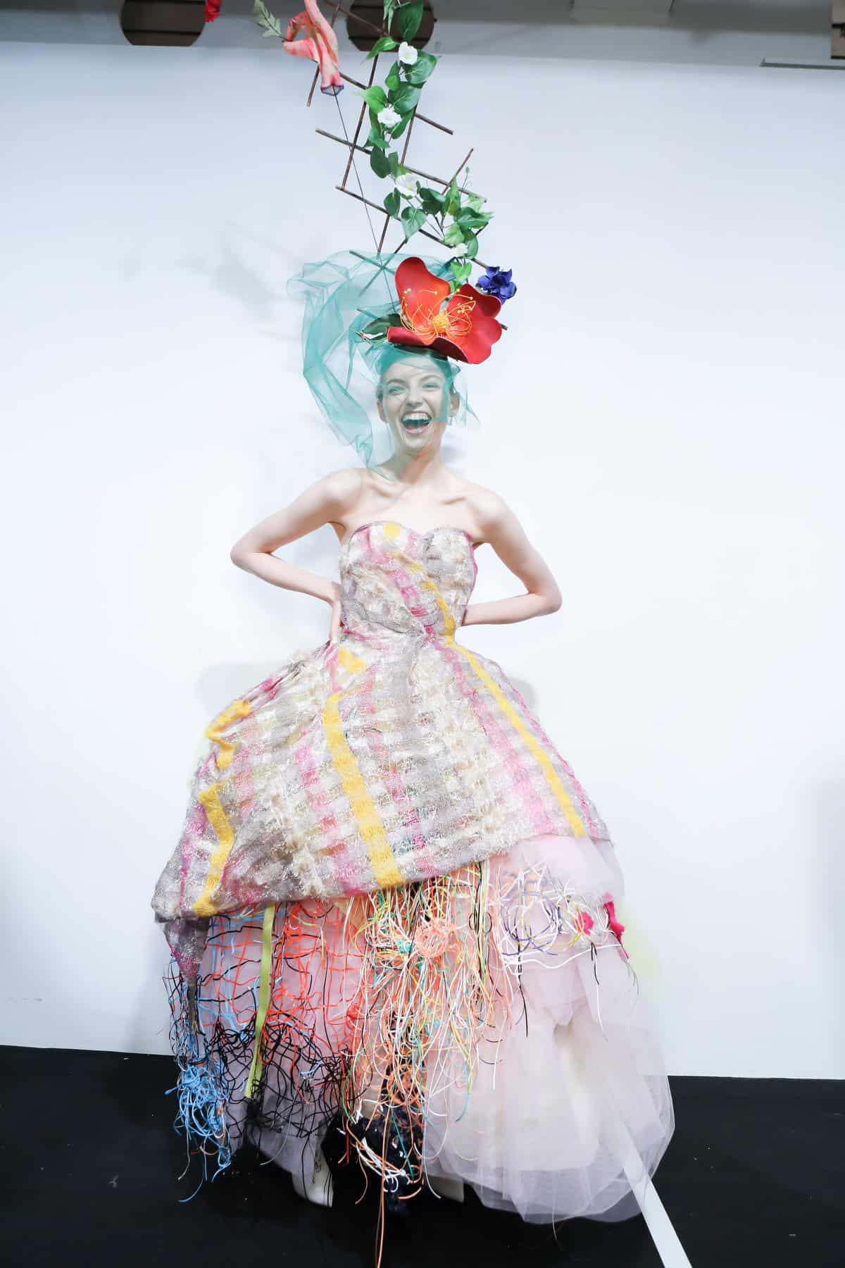 Matty Bovan, Spring/Summer 2019. Model Fran Summers, Hat Stephen Jones ...