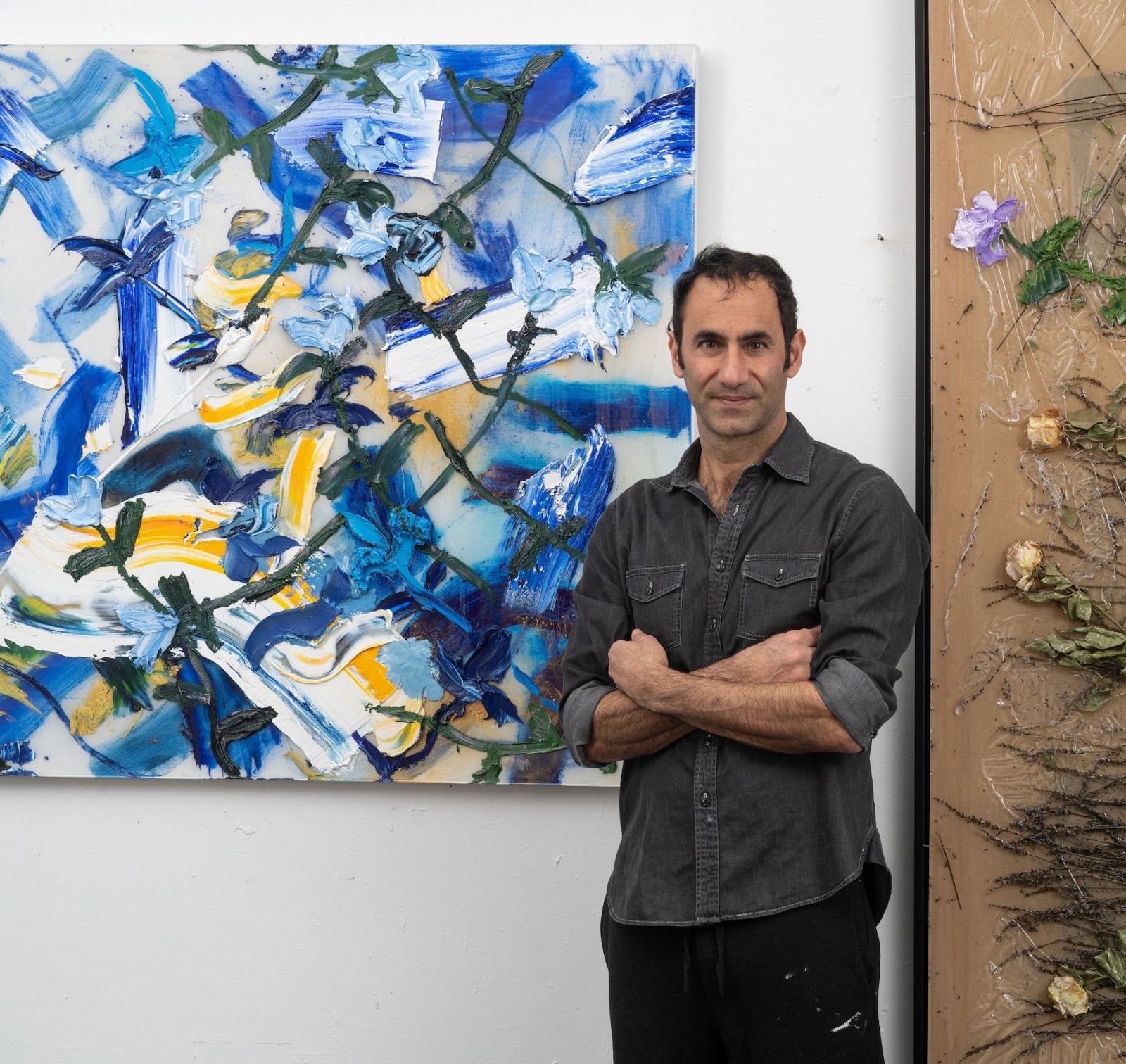 Portrait of Darius Yektai beside Blue Fall 2, 2024 in his studio, Sag ...